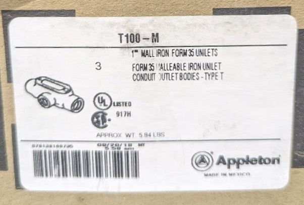 Appleton T100-M : 1'' Conduit Body, Type T – Ohio Electric Supply