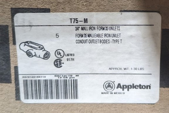Appleton T75-M : 3/4'' Conduit Body, Type T – Ohio Electric Supply