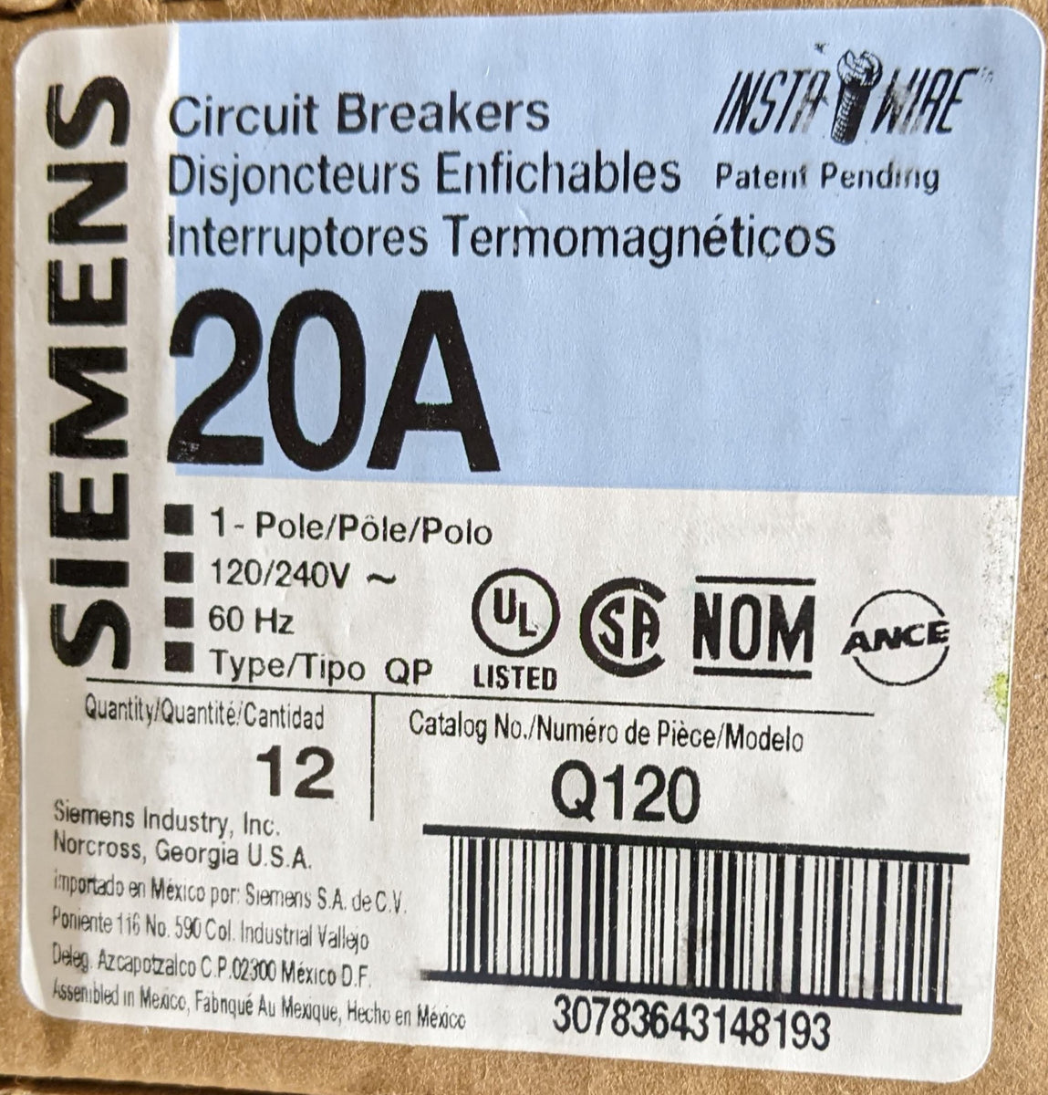 Siemens Q120 : 20A 1 Pole Circuit Breaker – Ohio Electric Supply