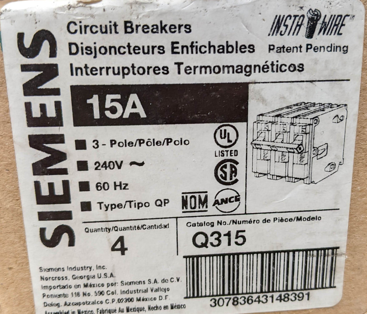 Siemens Q315 : 15A 3 Pole Circuit Breaker – Ohio Electric Supply